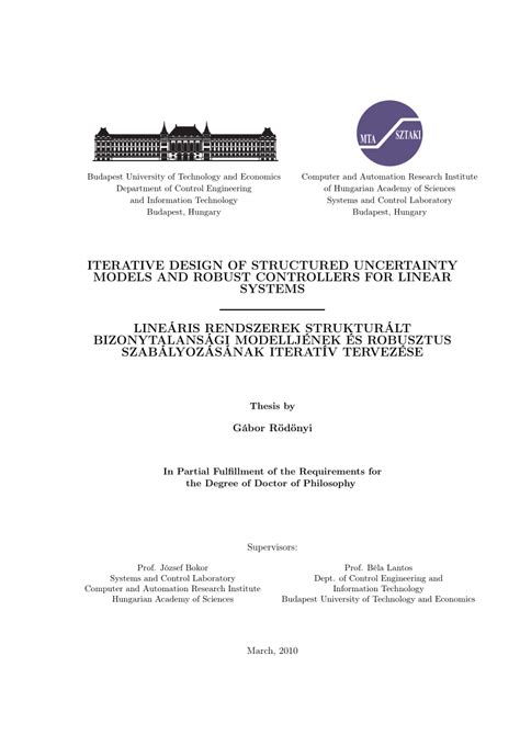 PDF Iterative Design Of Structured Uncertainty Models And Robust Controllers For Linear Systems