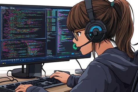 Female Programmer Working On Code With Headphones And Glasses Premium