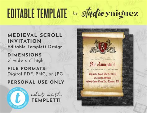 Medieval Knight Scroll Editable 5 X 7 Editable Template Invitation