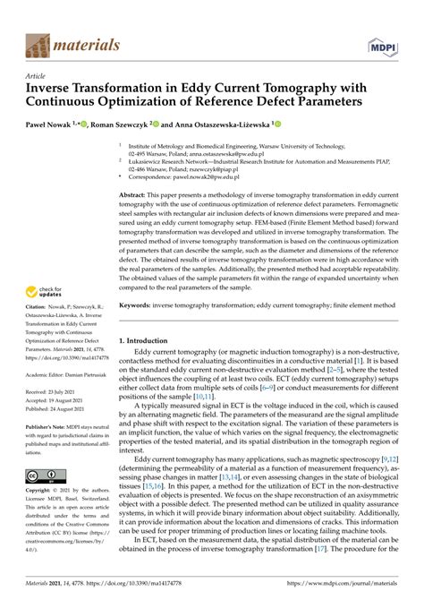 Pdf Inverse Transformation In Eddy Current Tomography With Continuous Optimization Of