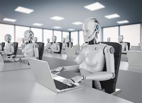 premium photo 3d rendering robots working with headset and notebook