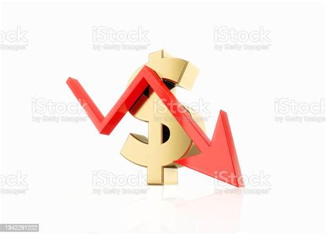 빨간색 화살표와 금 색 달러 기호 흰색 배경 위에 앉아 악화 및 경기 침체 개념 0명에 대한 스톡 사진 및 기타 이미지 0명