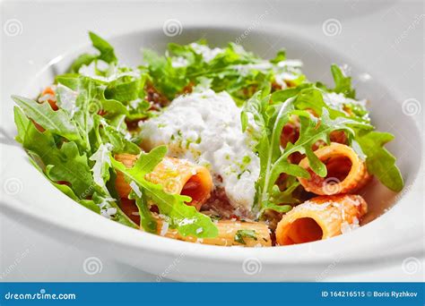 Rigatoni In Tomato Sauce And Stracciatella Cheese Stock Image Image