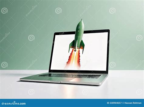 Rocket Coming Out Of Laptop Screen Rocket Spaceship Blue Background