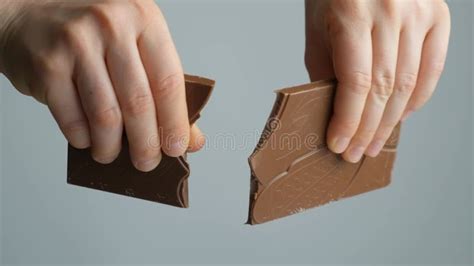 The Process Of Breaking A Chocolate Bar Into Pieces Hands Close Up
