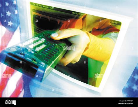 Woman S Hand Emerging From Computer Monitor Holding Remote Control Digital Composite Stock