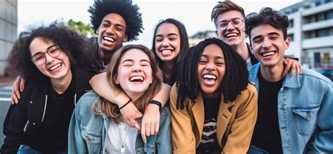 Premium Photo Group Of Diverse Friends Laughing And Hugging Outdoors