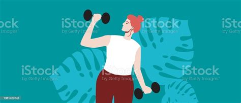 아령을 가진 여자 무게로 아령과 녹색 잎 배경에 운동을하고 스포츠와 활동 사람과 플랫 벡터 스톡 일러스트 개념에 대한 스톡 벡터