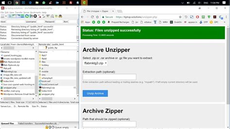 unzip extract zip archives files using ftp filezilla without using