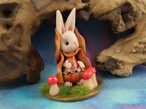 Tiny Rabbit Celeste In Grassy Glade With Toadstools Ooak Sculpt By Sculpture Artist Ann Galvin