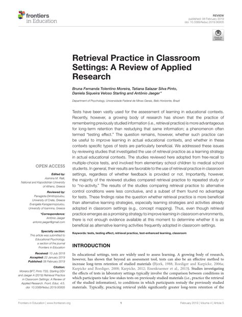 Pdf Retrieval Practice In Classroom Settings A Review Of Applied