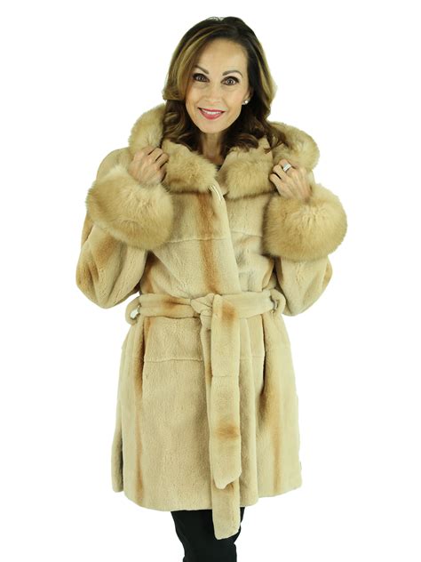 Golden Beige Sheared Mink Fur Parka With Golden Sable Trim Womens
