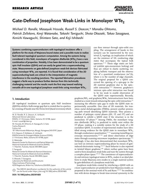 Gate‐defined Josephson Weak‐links In Monolayer Wte2 Request Pdf