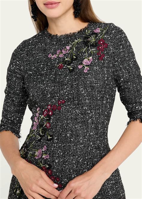 Rickie Freeman For Teri Jon Fringe Trim Floral Applique Tweed Dress