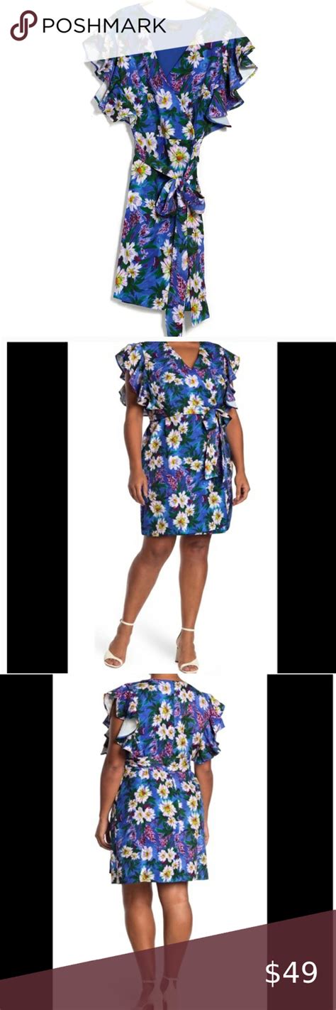 Alexia Admor Dress 12 Large Blue Daisy Floral Ruffle Wrap Mini Summer
