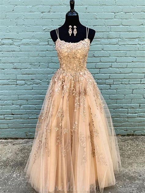 A Line Spaghetti Straps Lace Popular Elegant Prom Dresses Pd068 Bridalsew