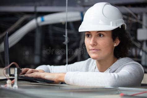 Female Electrician Fixing Ceiling Wiring Stock Image Image Of