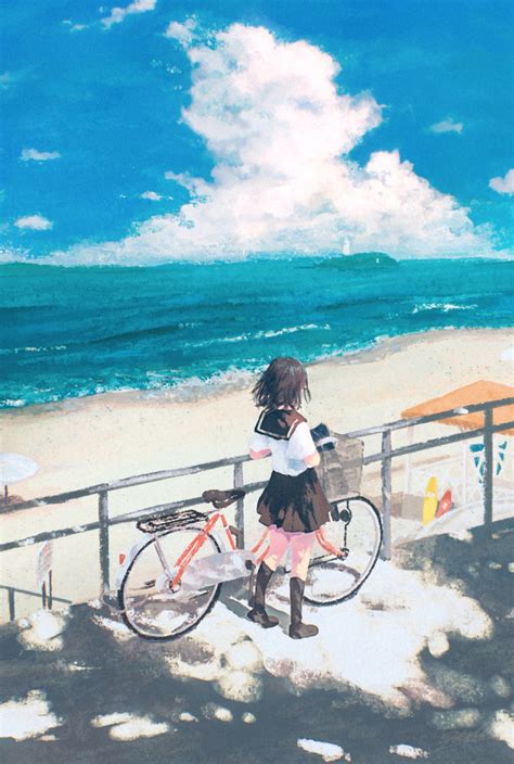 Safebooru 1girl Beach Bicycle Bicycle Basket Black Footwear Black