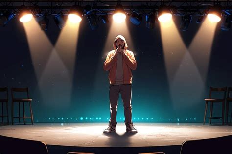 Comedy Live Show With Male Comic Funny Guy In Hoodie Hat Standing In Spotlight On Stage