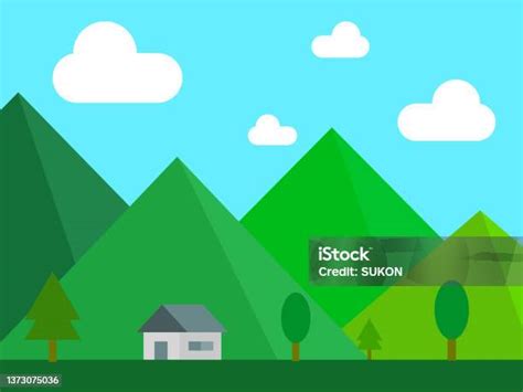 푸른 하늘 일러스트 벡터에 녹색 산과 구름 앞에 집과 나무 0명에 대한 스톡 벡터 아트 및 기타 이미지 0명 관광 구름 Istock