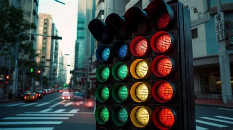 Intersection Street Light Displaying Various Colors Of Traffic Signals Traffic Lights