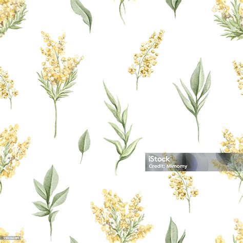 다양한 녹색 나뭇 가지 잎 및 미모사 노란색 꽃이 있는 수채화 완벽 한 패턴 0명에 대한 스톡 벡터 아트 및 기타 이미지 0명 꽃 나무 꽃 식물 Istock