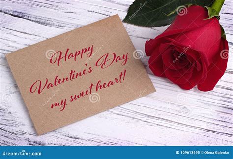 Valentines Day Greeting Card With Red Rose And Lettering Happy