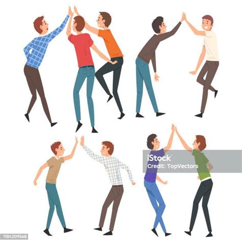 남자 제공 하이 파이브 에 각각의 다른 세트 회의 의 Freinds 또는 파트너 벡터 일러스트 5명에 대한 스톡 벡터 아트 및