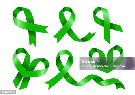 Green Awareness 리본 세트입니다 녹내장 장기 기증 간암 척추측만증 림프종 담낭 및 담관 정신 건강에 대한 인식 벡터