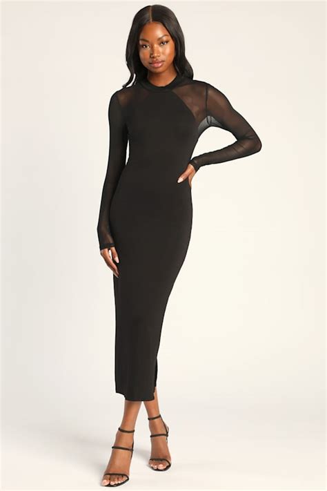 Black Mesh Dress Long Sleeve Dress Black Sheer Midi Dress Lulus