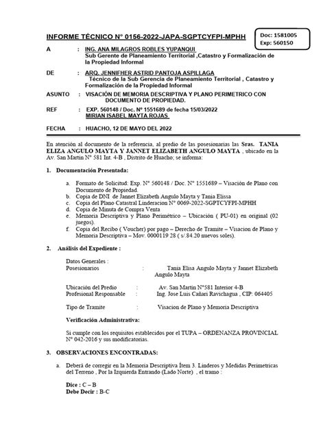 Informe N°0156 Observado Mirian Isabel Mayta Rojas I Exp 560150 Pdf Datos Geográficos