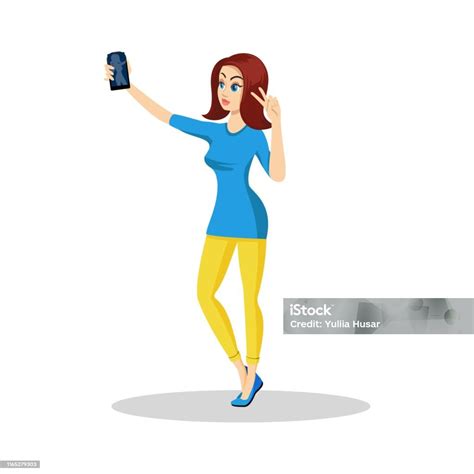 블루 미니 드레스와 노란색 레깅스 스마트 폰으로 셀카를 찍는 예쁜 갈색 머리 소녀 갈색 머리에 대한 스톡 벡터 아트 및 기타