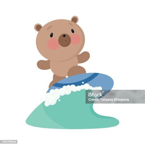 서핑 보드에 귀여운 곰 만화 스타일 벡터 일러스트레이션 카드 포스터 배너 책 팩에 인쇄 옷 직물 벽지 섬유 또는 접시에 인쇄 귀여운에 대한 스톡 벡터 아트 및 기타 이미지