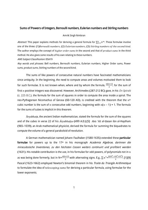 PDF Sums Of Powers Of Integers Bernoulli Numbers Eulerian Numbers
