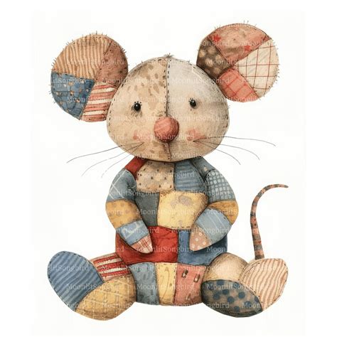 10 Patchwork Mouse Clipart Digital Download Printable Watercolor