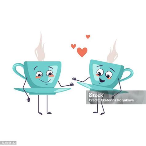 사랑 감정 미소 얼굴 팔과 다리와 차 캐릭터의 귀여운 컵 마음과 재미 또는 행복 한 영웅 머그잔 카페에 대 한 사랑에 빠진다