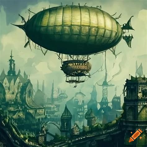 Steampunk City Covered In Jungle Airship Flying Above On Craiyon