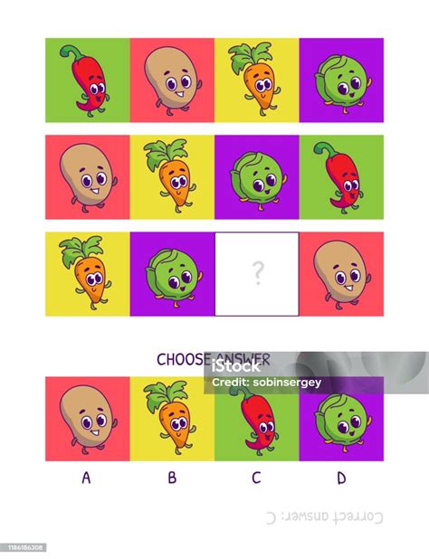 귀여운 칠리 페퍼 감자 당근 브뤼셀 콩나물 아이들을위한 어린이 유치원 워크 시트 활동을위한 논리 게임 논리적 사고와 마음의