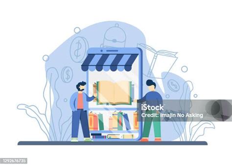 온라인 서점 컨셉 남자는 온라인으로 책을 구입합니다 스마트폰 화면에 서점 응용 프로그램 온라인 상점 도서 축제 배너 배경 책 일러스트레이션 및 웹 방문 페이지에 적합 0명에