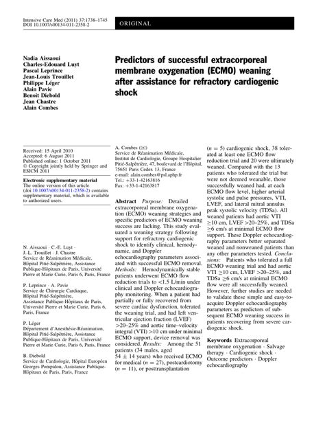 Pdf Predictors Of Successful Extracorporeal Membrane Oxygenation Ecmo Weaning After