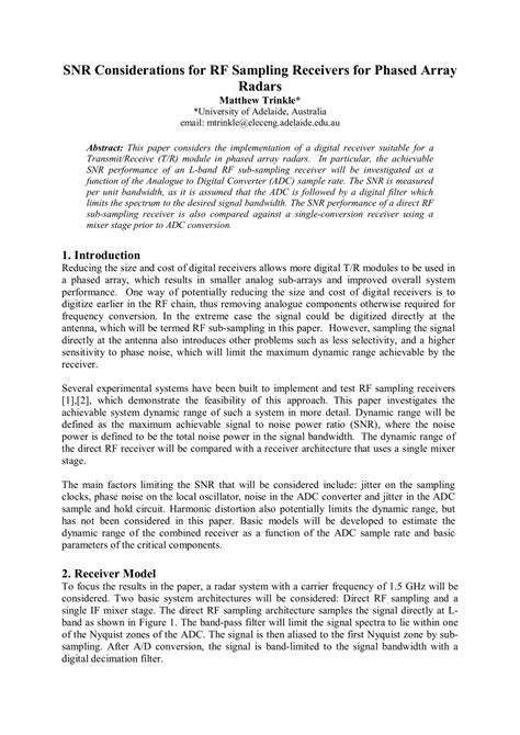 pdf snr considerations for rf sampling receivers for phased array radars