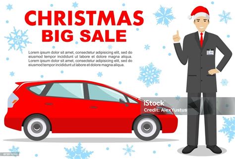 자동차 쇼 룸입니다 크리스마스와 새 해 큰 판매입니다 산타 클로스 모자에서 관리자는 새로운 자동차를 판매 하고있다 사업가 플랫 스타일에 눈송이의 배경에 빨간 자동차의 상세한
