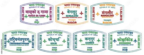 Set Of Stylised Passport Stamps For Major Airports Of Southern India In