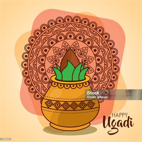 냄비 코코넛 만다라와 행복 Ugadi 카드 서식 파일 계절에 대한 스톡 벡터 아트 및 기타 이미지 계절 기도하기 꽃 식물