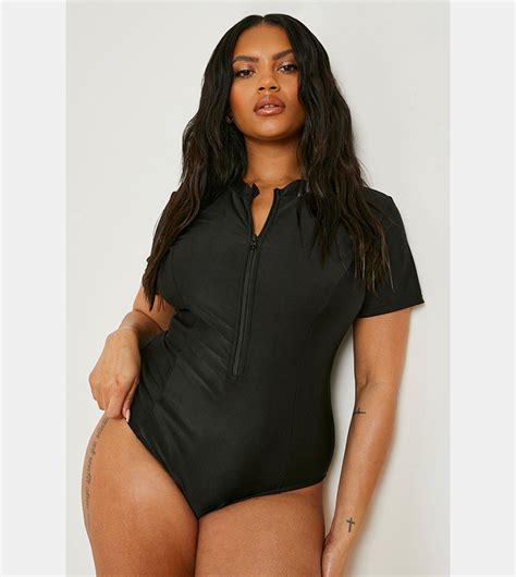Buy Boohoo Rash Guard Zip Up Swimsuit In Black 6thstreet Saudi Arabia