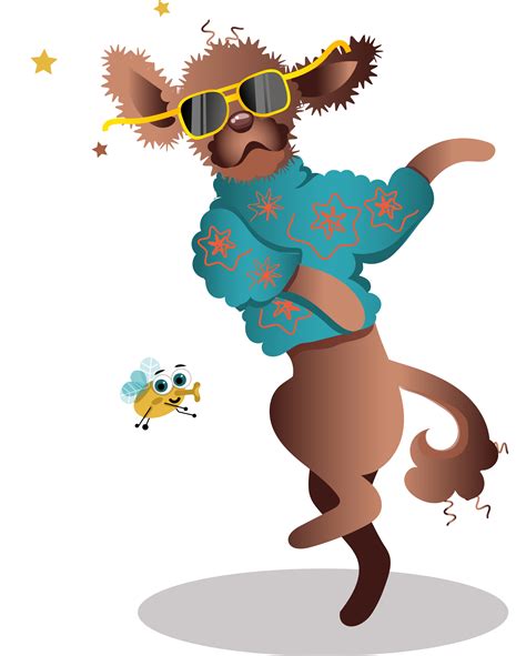 Иллюстрация Собака в очках танцует в стиле компьютерная графика