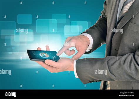 Man Hands Using Smart Phone Image Of Earth On Screen Stock Photo Alamy