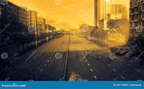 AI Generated Illustration Of A Rusty Destroyed City With Some Buildings Still Standing Stock