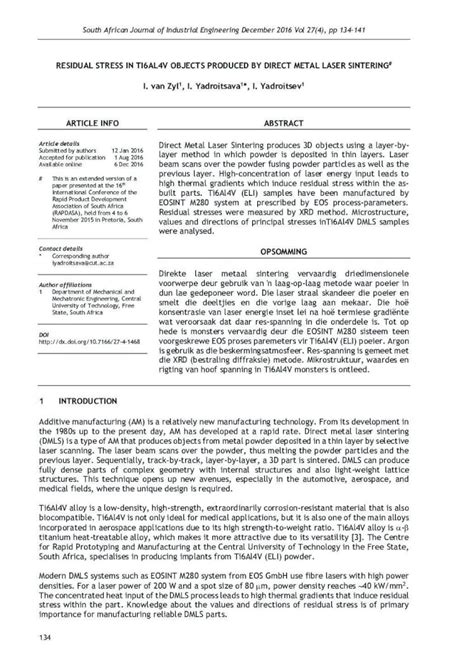 PDF RESIDUAL STRESS IN TI6AL4V OBJECTS PRODUCED BY 16