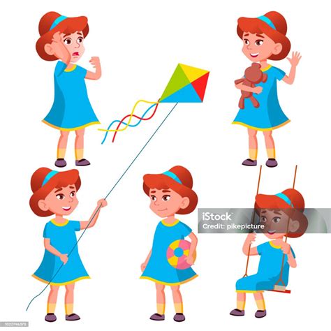 여 자가 유치원 아이 포즈 설정된 벡터 재생 하는 문자입니다 유치 한 캐주얼 옷 프레 젠 테이 션 인쇄 초대장 디자인 격리 된 만화 일러스트 레이 션 건강한 생활방식에 대한